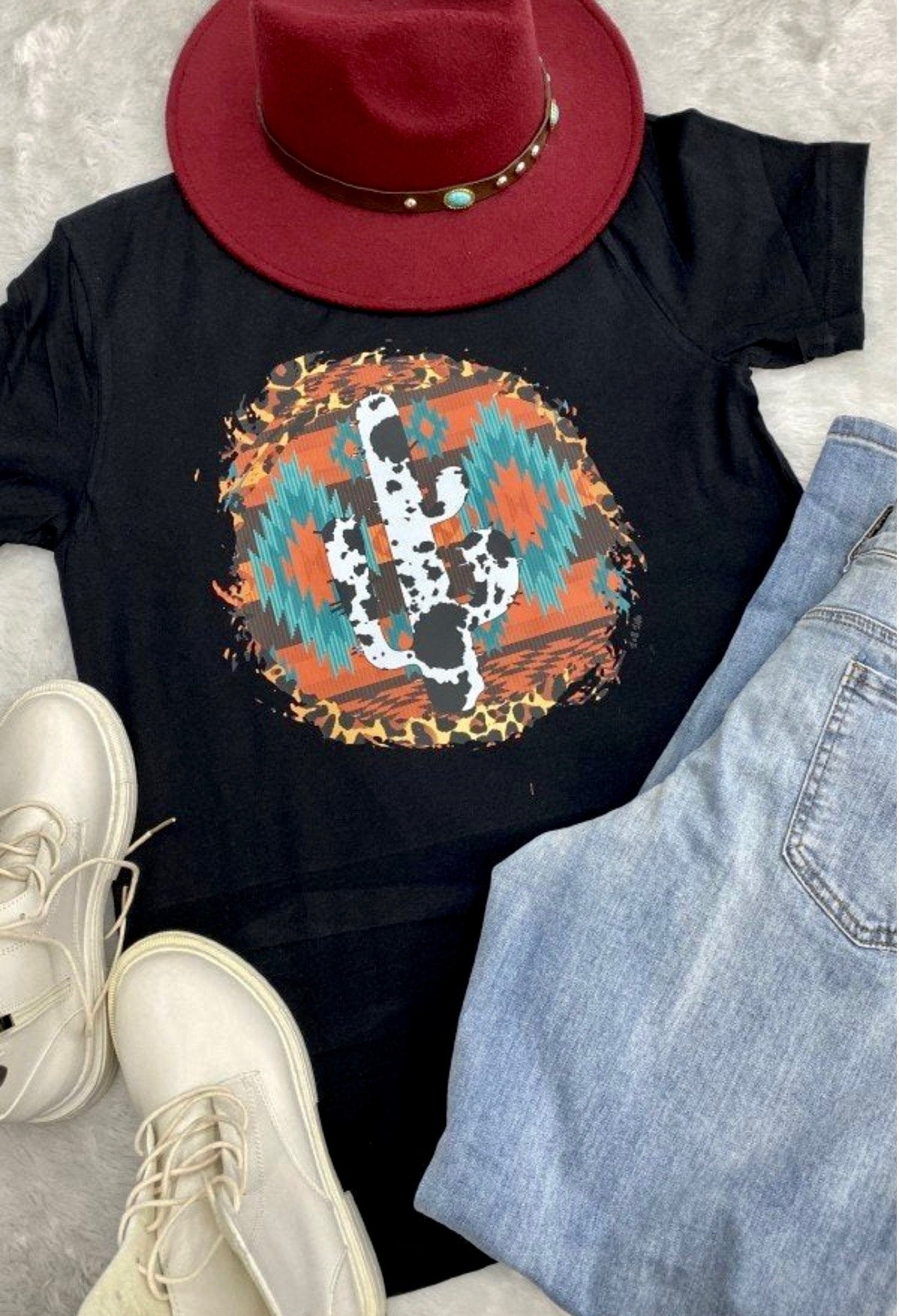 AZTEC COW PRINT CACTUS BLACK TEE | Southern Comfort Western Wear